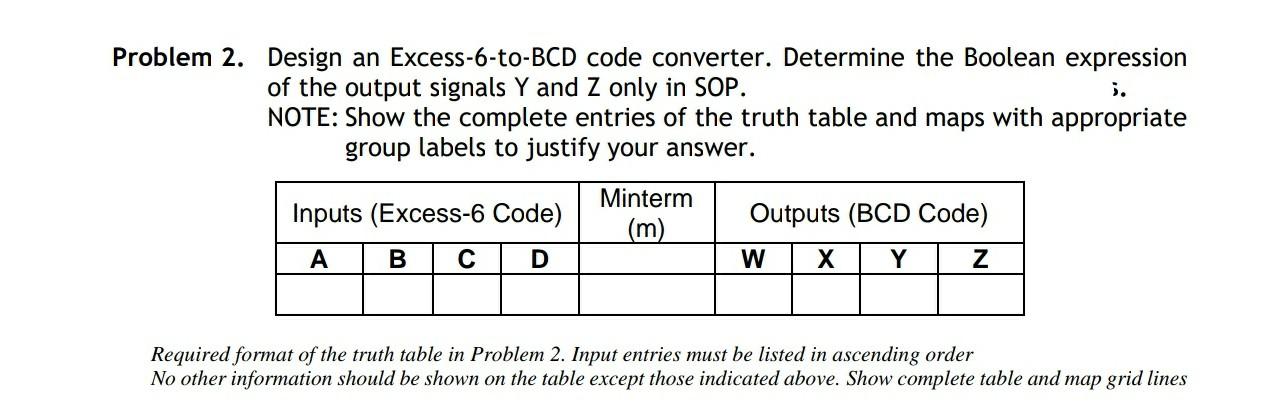 Solved roblem 2. Design an Excess-6-to-BCD code converter. | Chegg.com