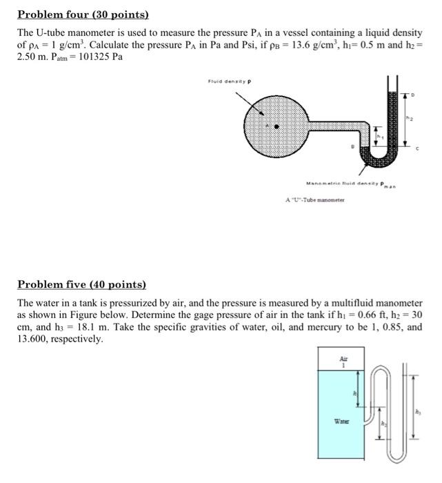 Solved Problem four (30 points) The U-tube manometer is used | Chegg.com