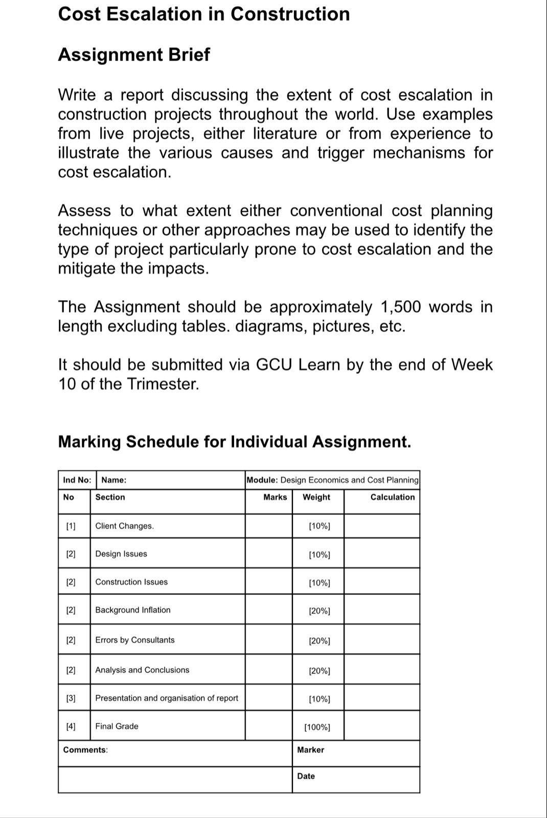 Solved Cost Escalation in Construction Assignment Brief | Chegg.com