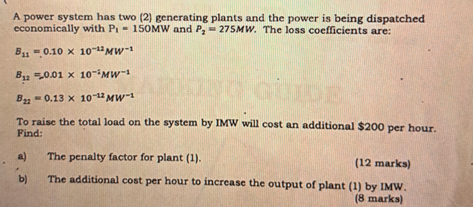 Solved A power system has two (2) ﻿generating plants and the | Chegg.com