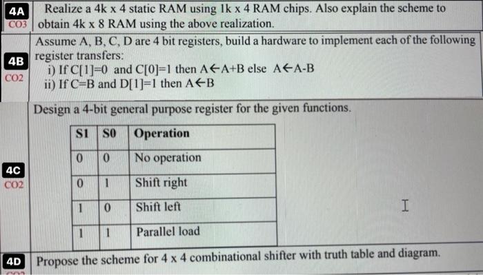 4A Realize a 4k x 4 static RAM using 1k x 4 RAM | Chegg.com