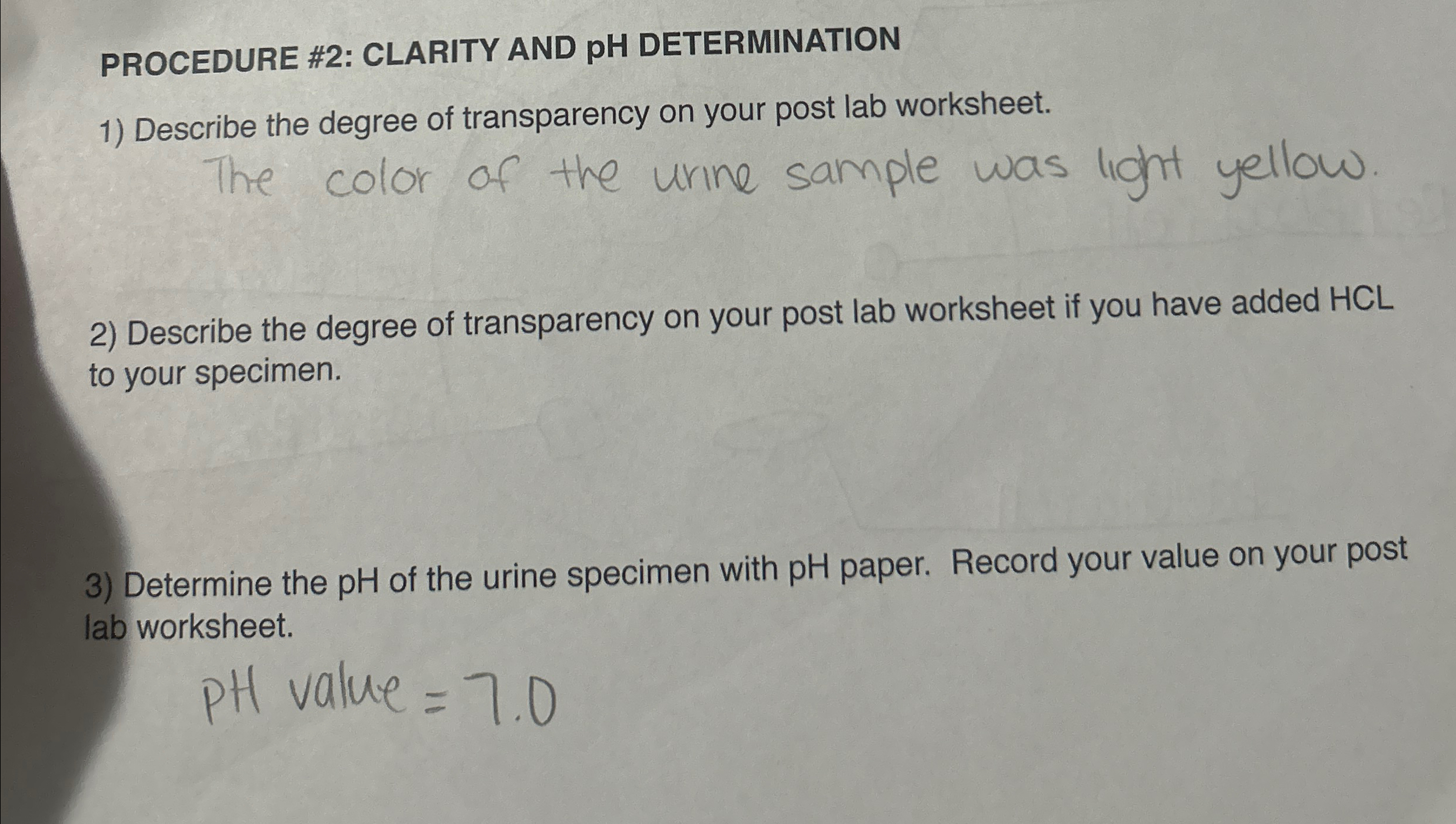 Solved PROCEDURE #2: CLARITY AND PH DETERMINATIONDescribe | Chegg.com