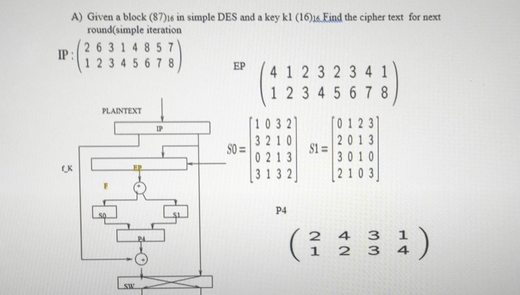 Solved A) Given a block (87)16 in simple DES and a key k1 | Chegg.com
