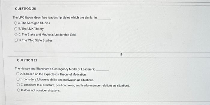 Solved The LPC theory describes leadership styles which are | Chegg.com