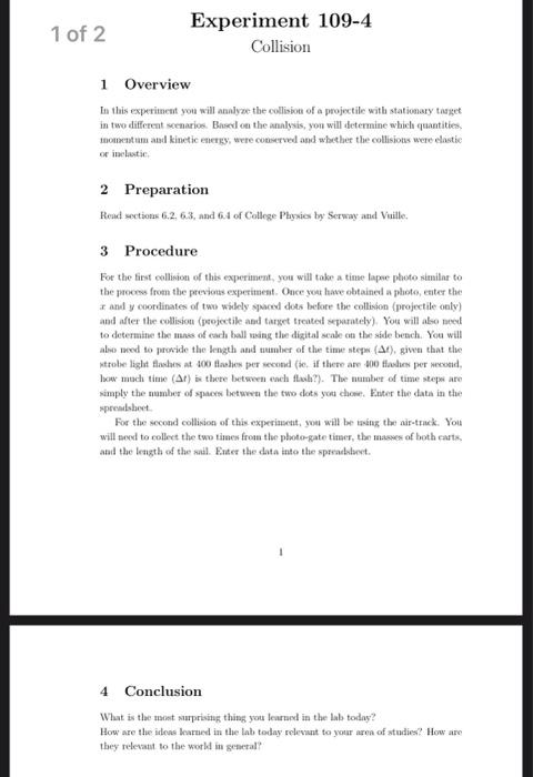 Experiment 109-4 1 of 2 Collision 1 Overview In this | Chegg.com