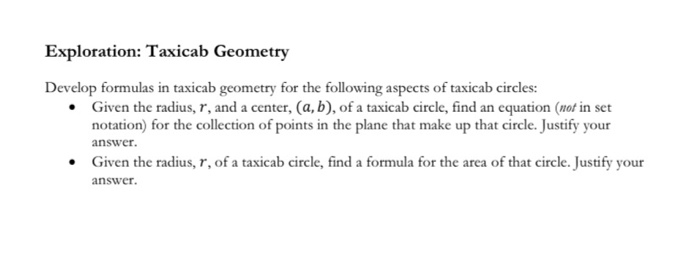 Exploration: Taxicab Geometry Develop formulas in | Chegg.com