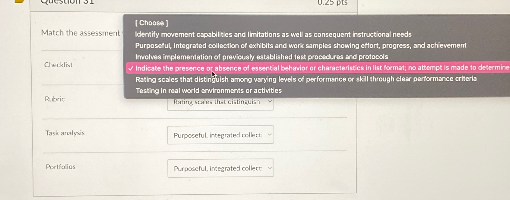 Solved Match the assessmentChecklistRubricRubricTask | Chegg.com