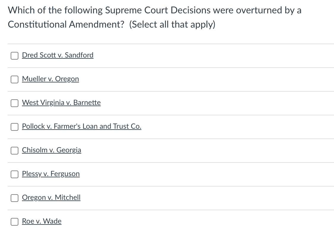 Solved Which of the following Supreme Court Decisions were | Chegg.com