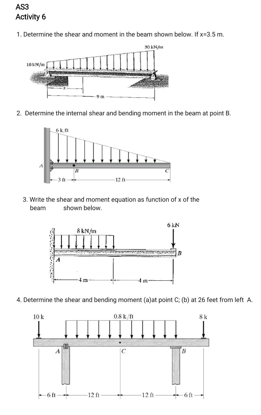 Solved AS3 Activity 6 1. Determine the shear and moment in | Chegg.com
