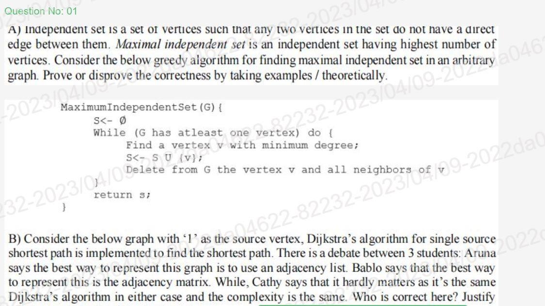 Solved A) Independent set is a set or vertices such that any | Chegg.com