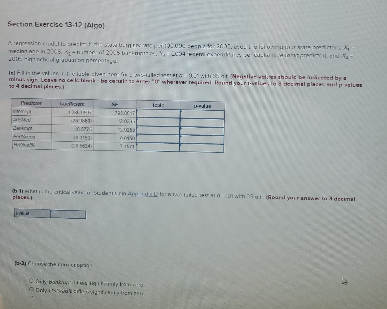 Solved Section Exercise 13-12 (Algo)A regression model to | Chegg.com