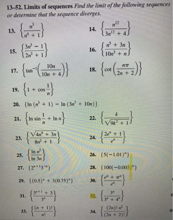 Solved 13-52. Limits of sequences Find the limit of the | Chegg.com
