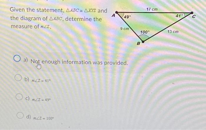 Solved Given the statement, AABC = AXYZ and the diagram of | Chegg.com