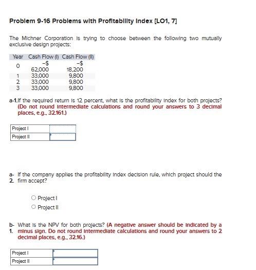 Solved Problem 9-16 Problems with Profitabllity Index [LO1, | Chegg.com