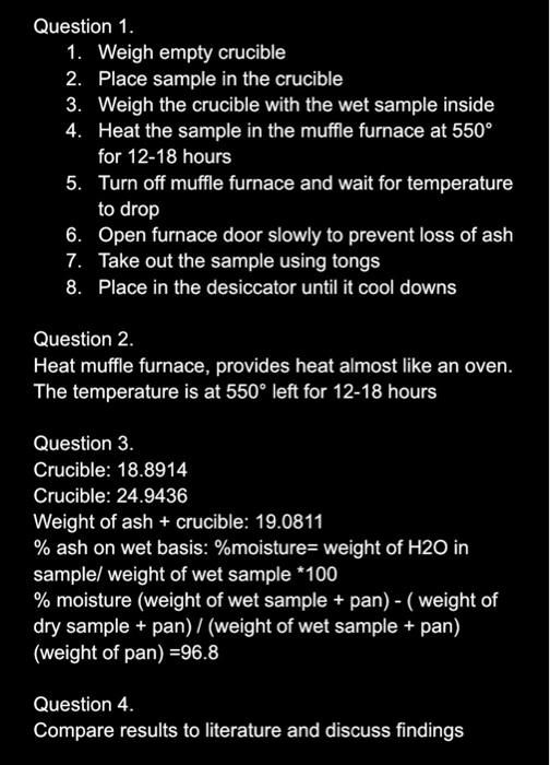 Question 1. 1. Weigh empty crucible 2. Place sample | Chegg.com