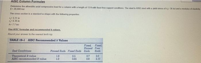 Solved AISC Column Formulas Determine the allowable antul | Chegg.com