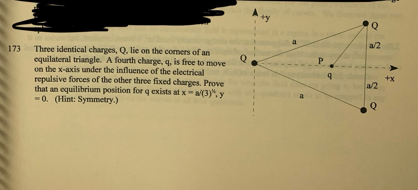 Solved 173 ﻿Three identical charges, Q, ﻿lie on the corners | Chegg.com