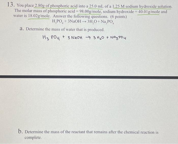Solved 3. You place 2.80 g of phosphoric acid into a 25.0 mL | Chegg.com