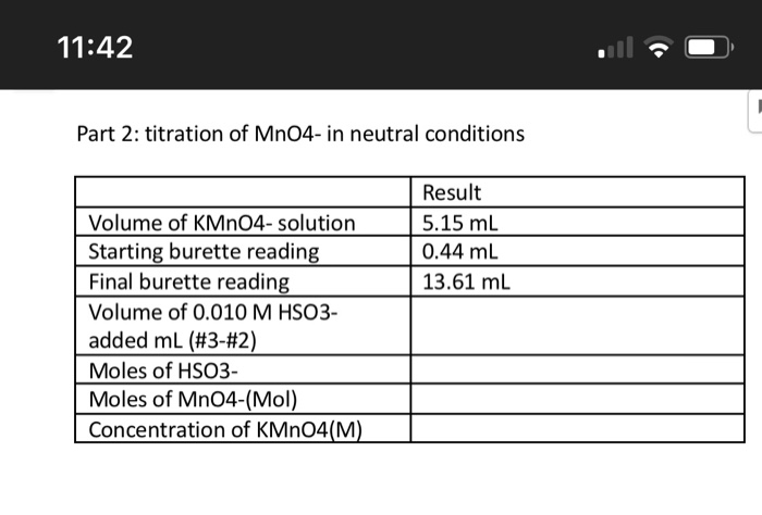 Solved 11:42 Part 2: titration of MnO4- in neutral | Chegg.com
