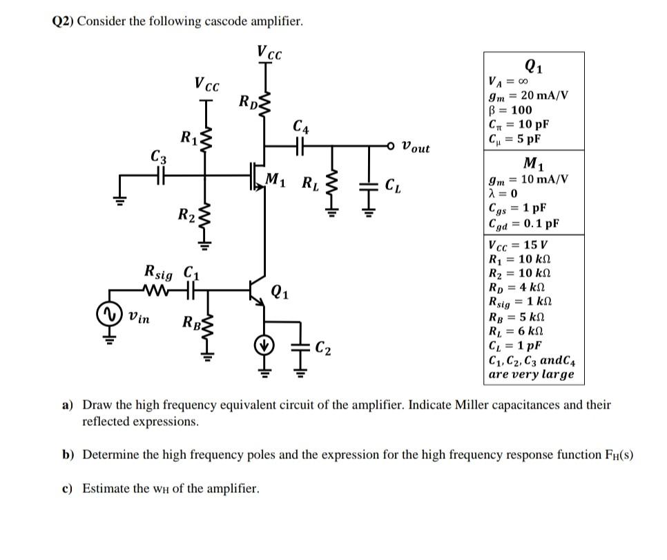 Q2) Consider the following cascode amplifier. a) Draw | Chegg.com