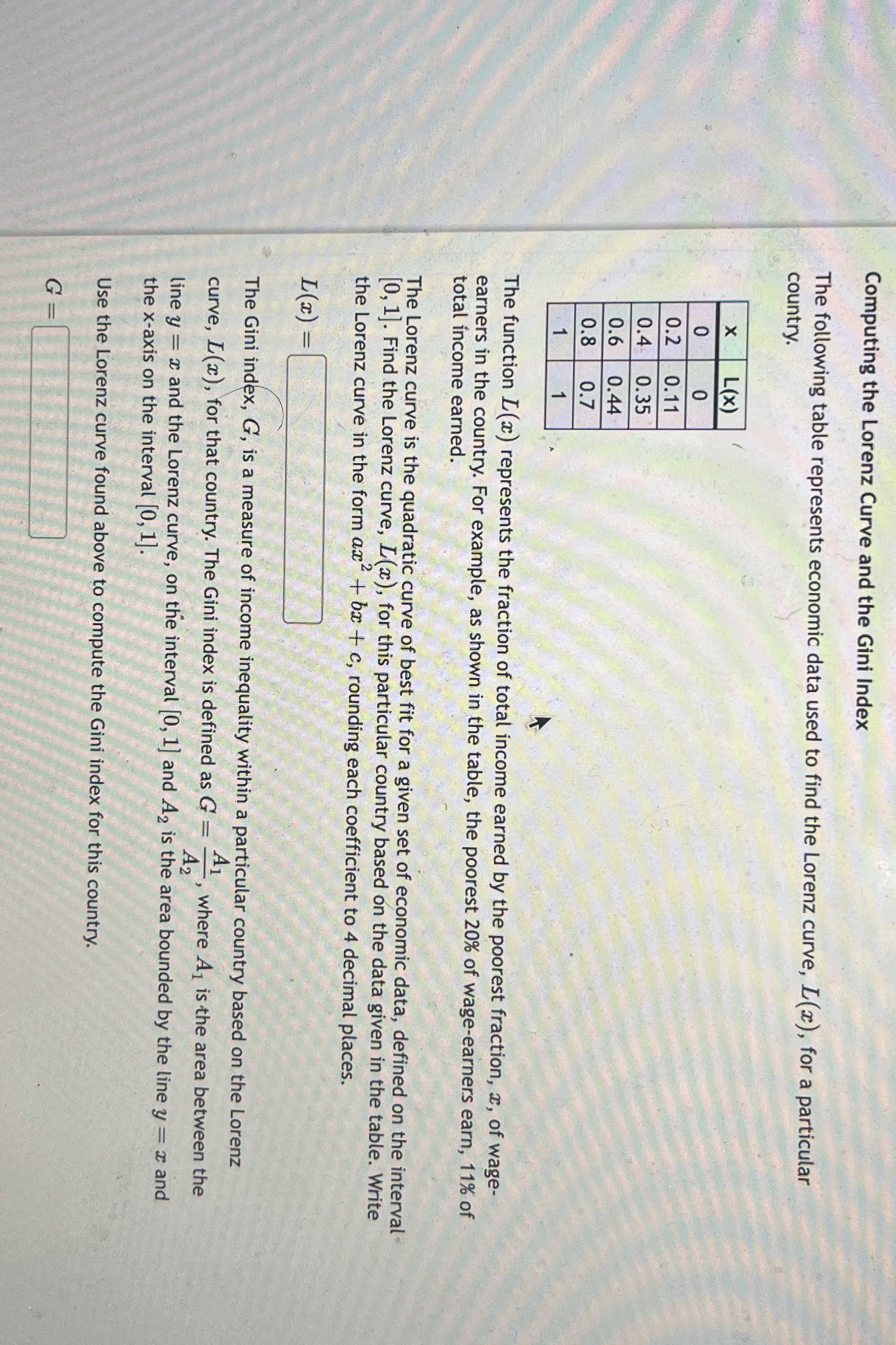 Solved Computing the Lorenz Curve and the Gini IndexThe | Chegg.com