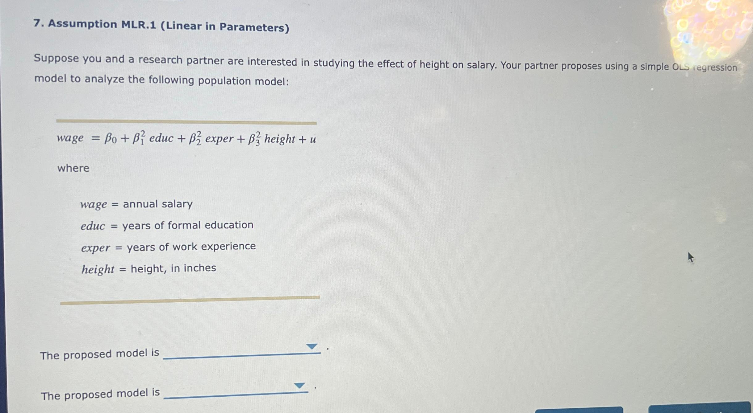 Solved Assumption MLR. 1 (Linear in Parameters)Suppose you | Chegg.com Solved Assumption MLR. 1 (Linear in Parameters)Suppose you | Chegg.com