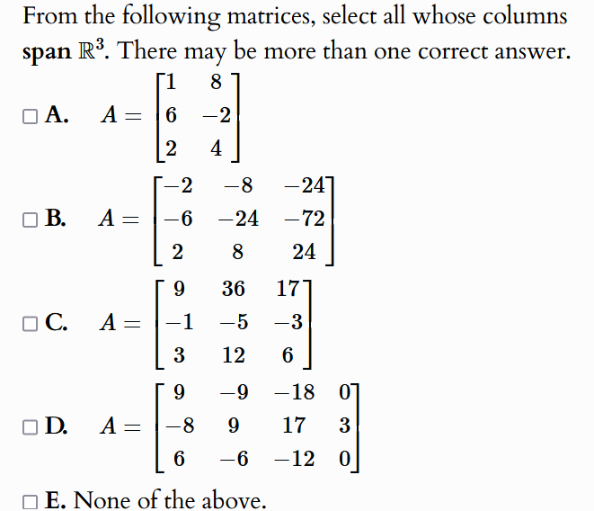 Solved From the following matrices, select all whose | Chegg.com