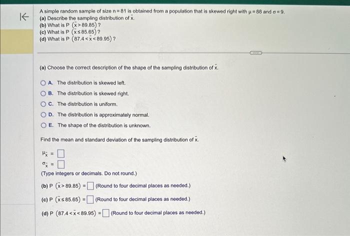 Solved A simple random sample of size n=81 is obtained from | Chegg.com