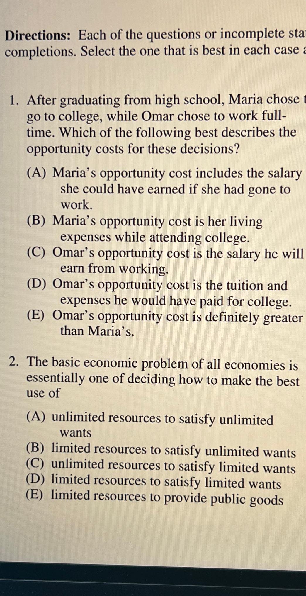 Solved Directions: Each of the questions or incomplete sta | Chegg.com