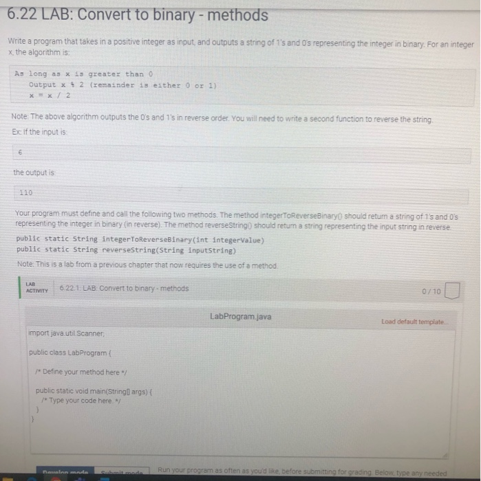 Solved 6 22 Lab Convert To Binary Methods Write A Pro