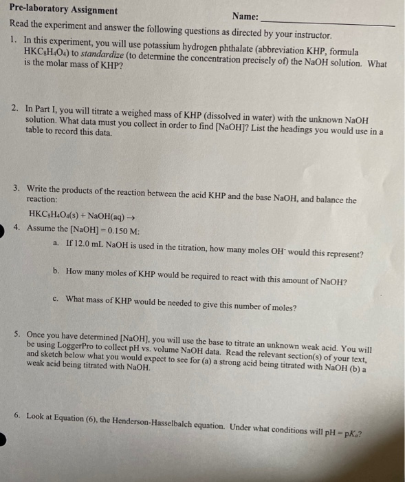 Solved Pre-laboratory Assignment Name: Read the experiment | Chegg.com