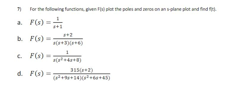 Solved For the following functions, given F(s) ﻿plot the | Chegg.com