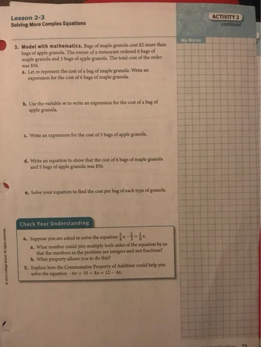 Solved Lesson 2-3 Solving More Complex Equations ACTIVITY2 | Chegg.com