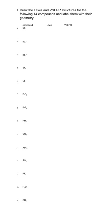 Solved 1. Draw the Lewis and VSEPR structures for the | Chegg.com