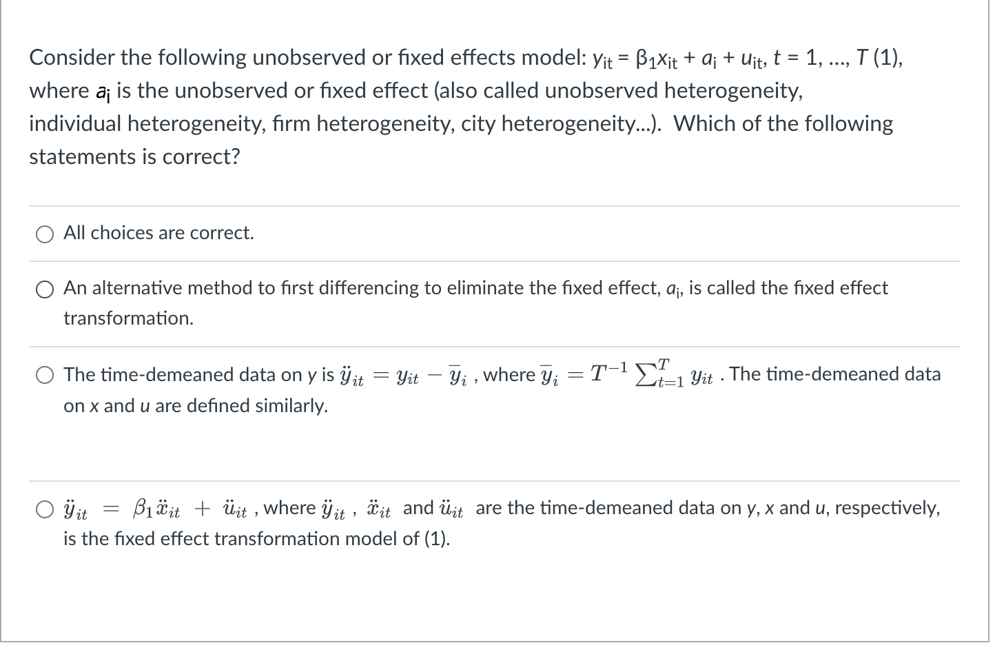 Solved Consider the following unobserved or fixed effects | Chegg.com