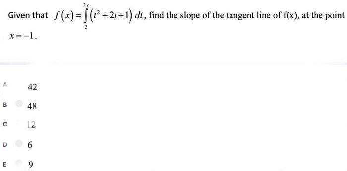 Solved Given that f(x)=∫23x(t2+2t+1)dt, find the slope of | Chegg.com
