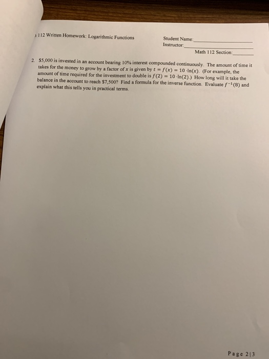 Solved Math 112 Written Homework: Logarithmic Functions | Chegg.com