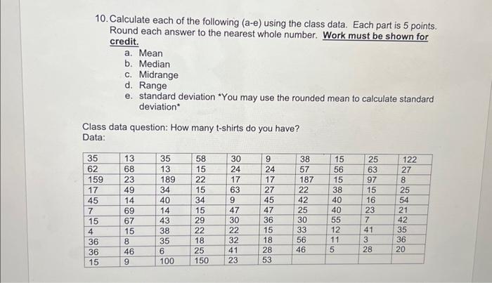 Solved 9. Given the class data, complete parts a-e with a | Chegg.com