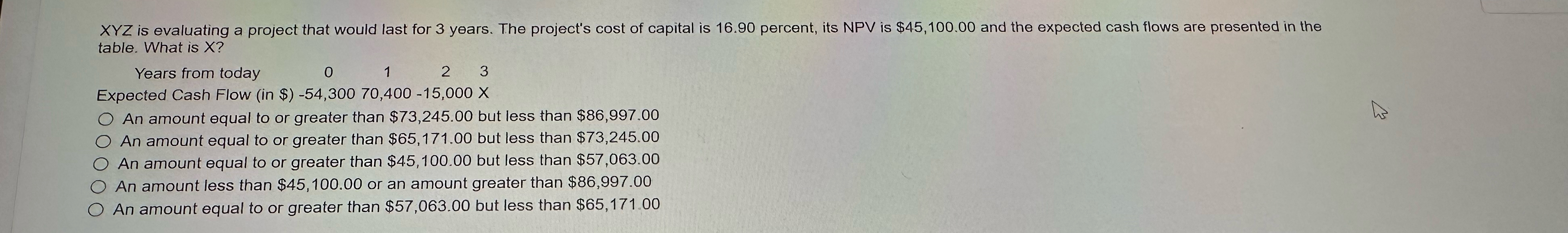 Solved xYZ ﻿is evaluating a project that would last for 3 | Chegg.com