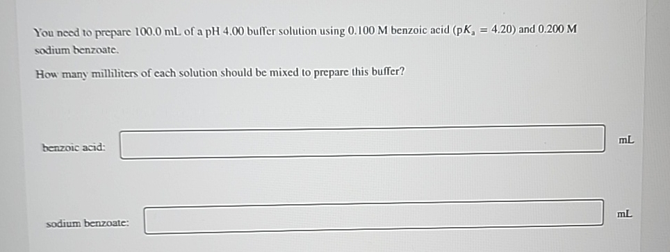 Solved You need to prepare 100.0mL ﻿of a pH 4.00 ﻿buffer | Chegg.com