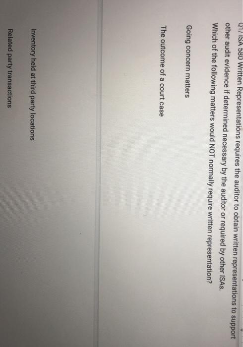 Solved 01/ ISA 580 Written Representations requires the | Chegg.com