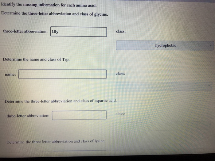 Solved Identify the missing information for each amino acid. | Chegg.com