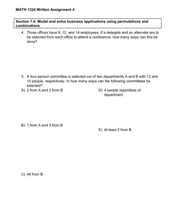 Solved MATH 1324 Written Assignment 4 Section 7.4: Model and | Chegg.com