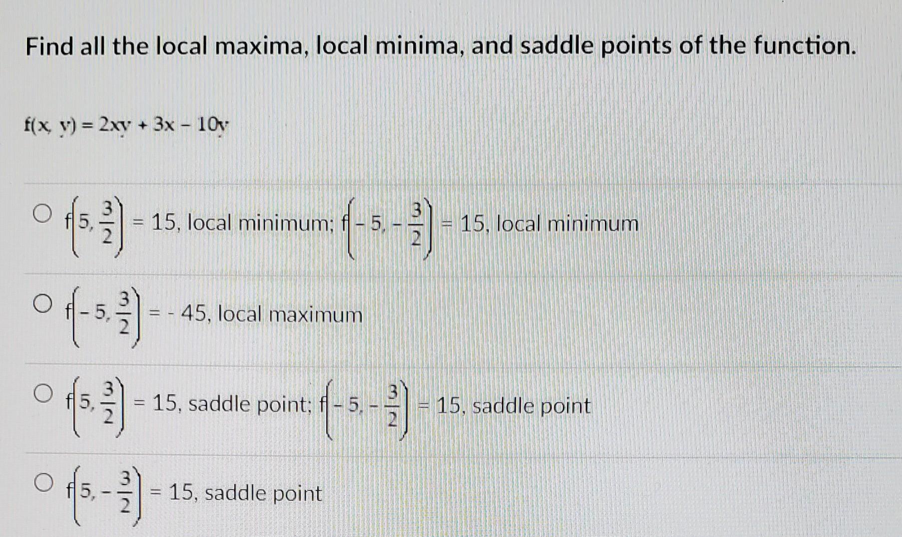 Solved Find all the local maxima, local minima, and saddle | Chegg.com