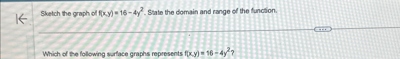 Solved Sketch the graph of f(x,y)=16-4y2. ﻿State the domain | Chegg.com