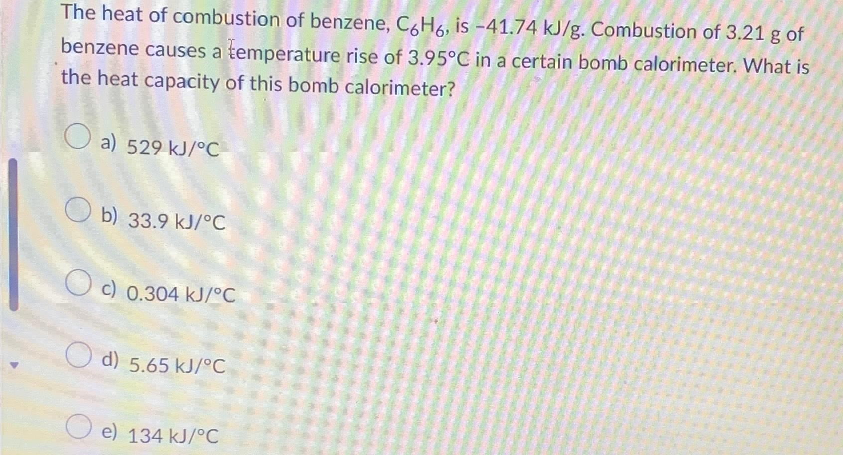 Solved The heat of combustion of benzene, C6H6, ﻿is | Chegg.com