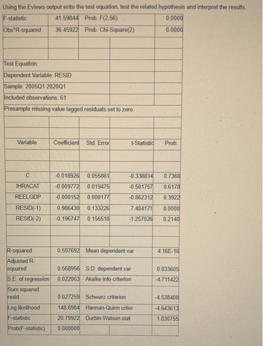 Solved Using the Eviews output write the test equation, test | Chegg.com