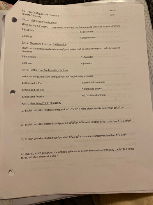 Solved Date: Electron Configuration Practice 3 Honors | Chegg.com