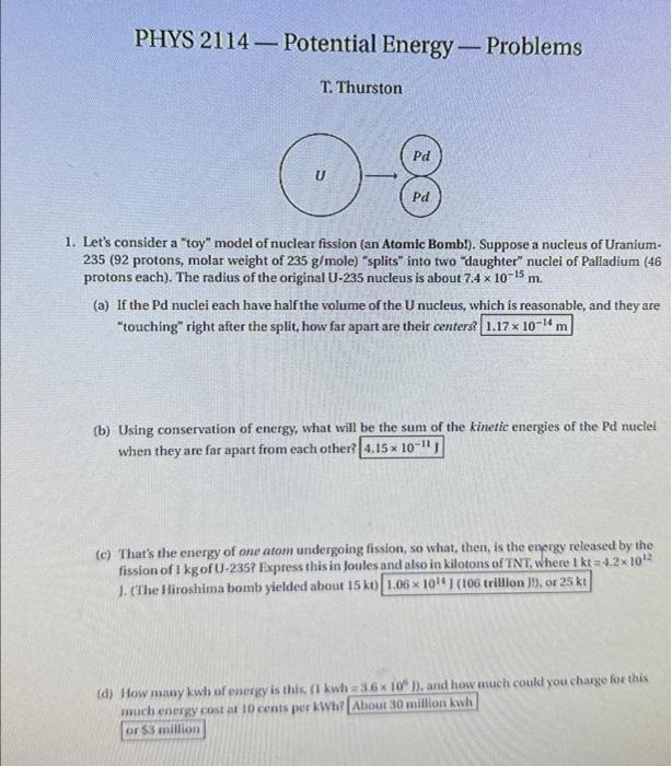 Solved PHYS 2114 - Potential Energy - Problems T. Thurston | Chegg.com