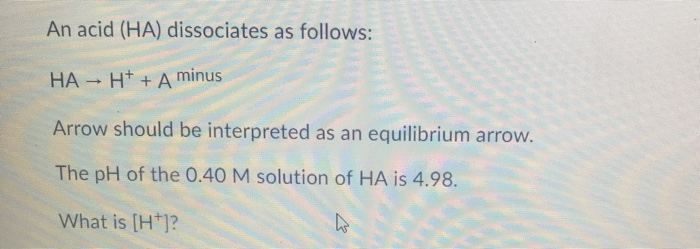 Solved An acid (HA) dissociates as follows: HA - H+ + A | Chegg.com
